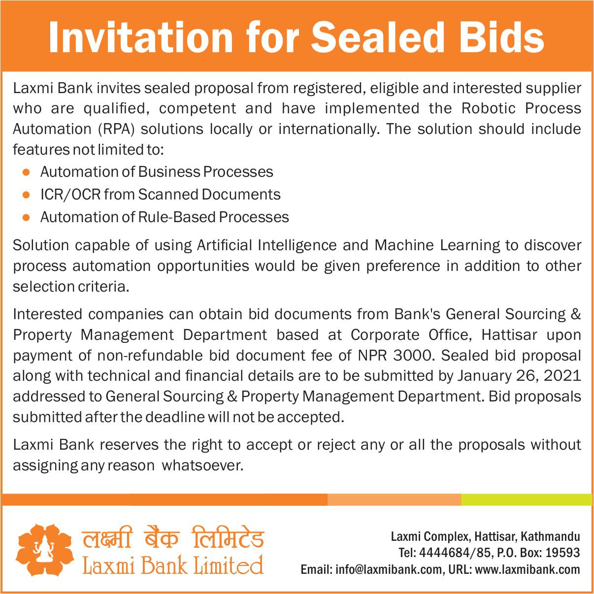Invitation for Sealed Bids - Laxmi Sunrise Bank